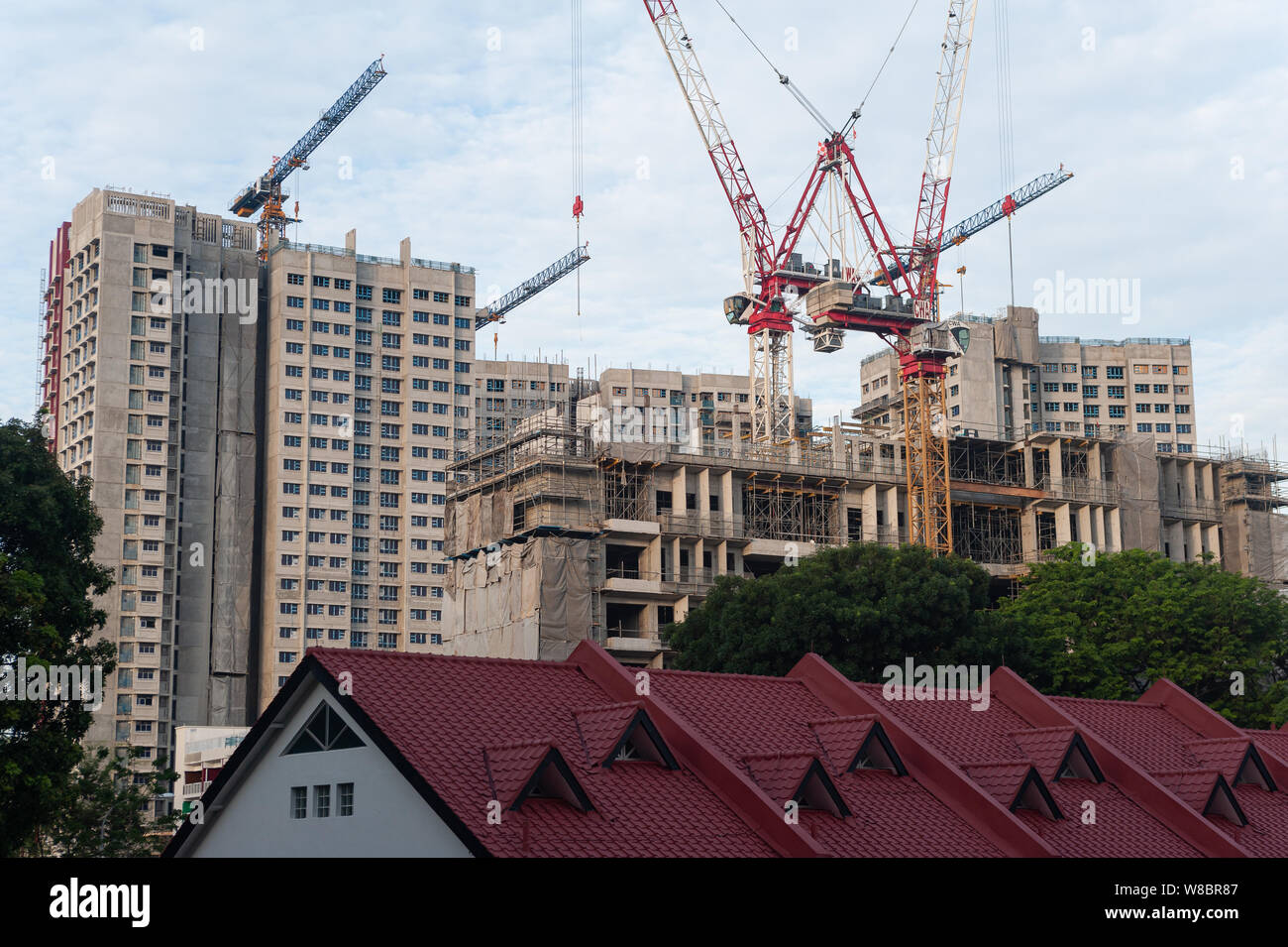 Singapore, Republic of Singapore, Asia - Construction cranes at a ...