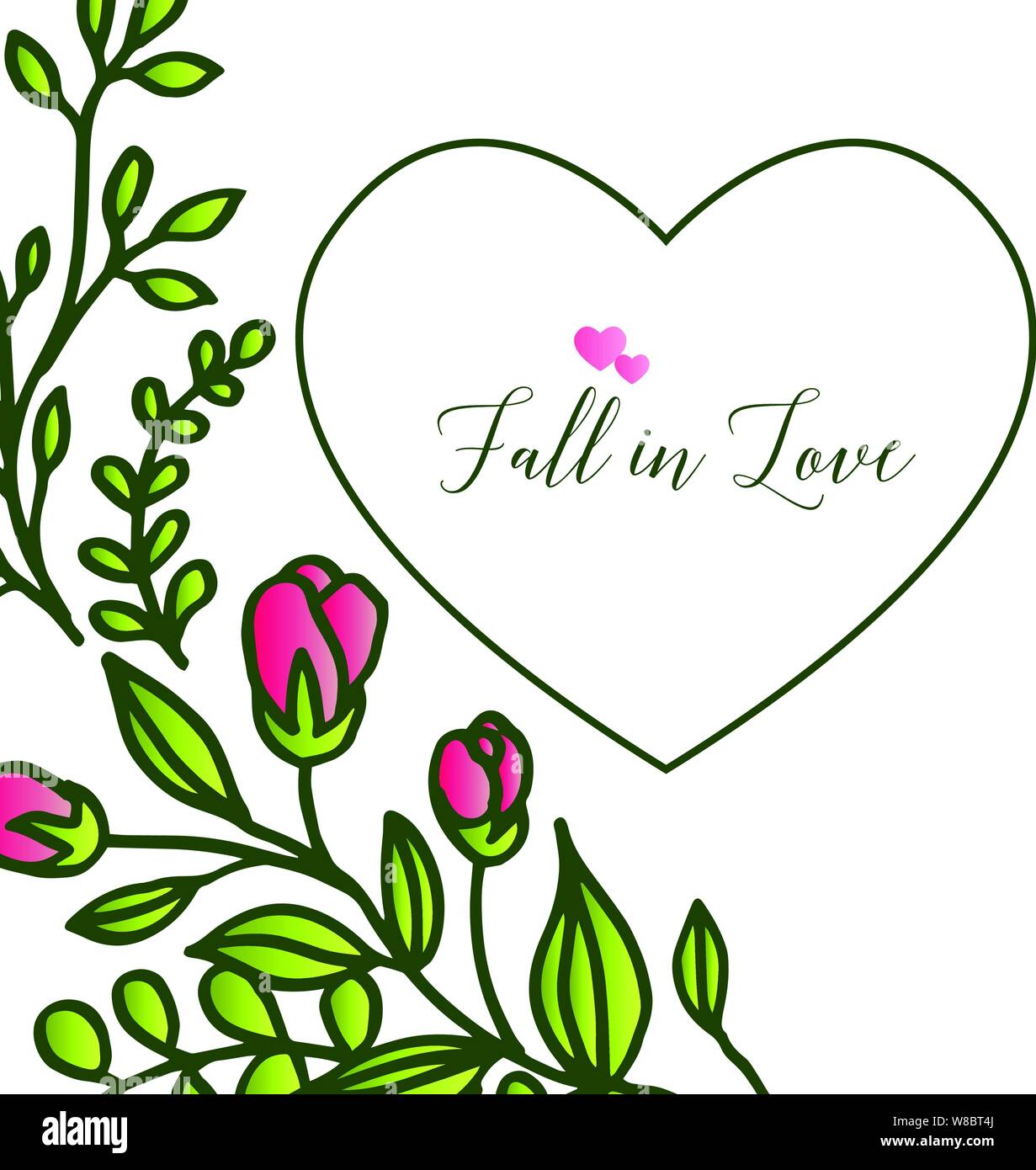 Handwritten card fall in love, with abstract green leafy floral frame ...