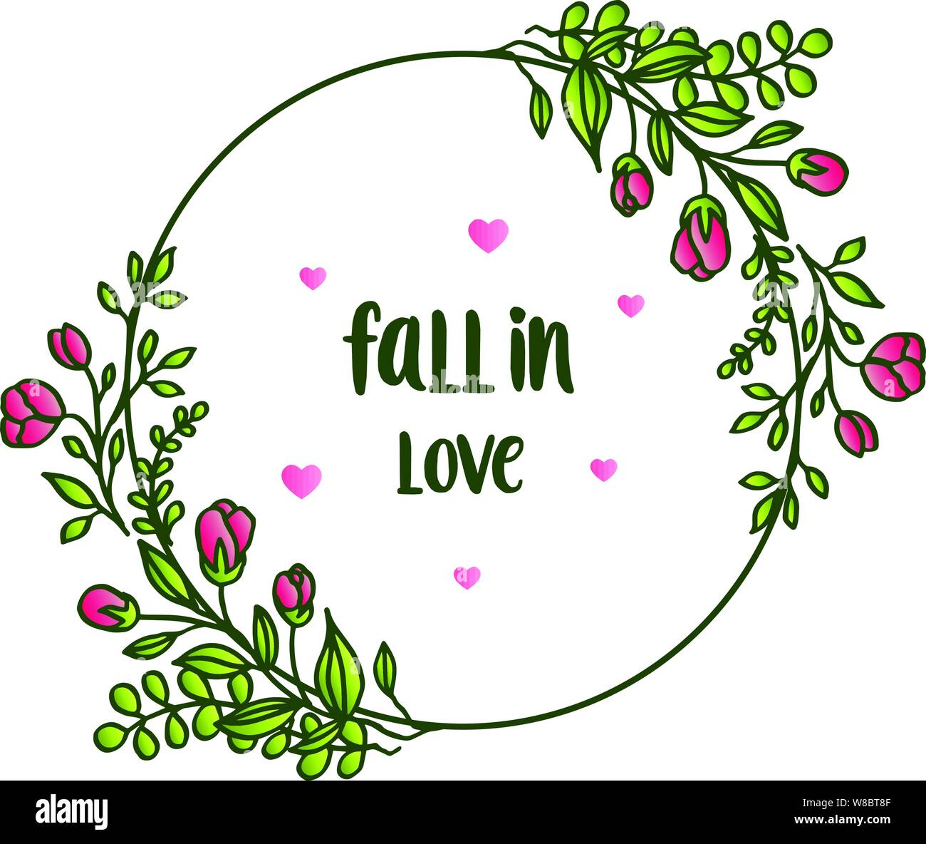 Handwritten card fall in love, with abstract green leafy floral frame ...