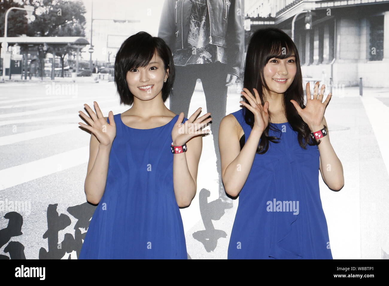 Yamamoto Sayaka, left, and Yagura Fuuko of Japanese girl group NMB48 pose at a promotional event ...