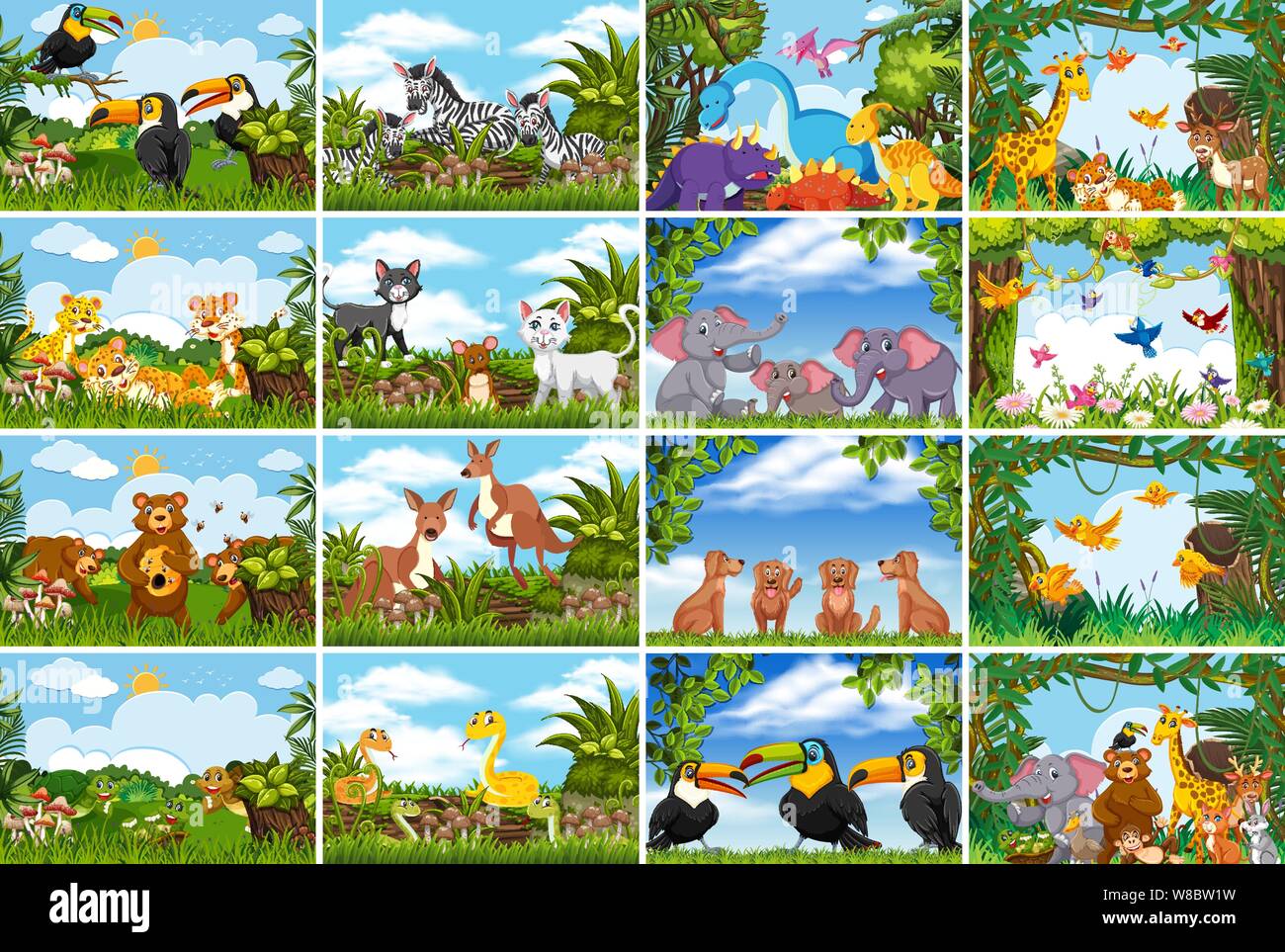 Set of various animals in nature scenes illustration Stock Vector Image ...