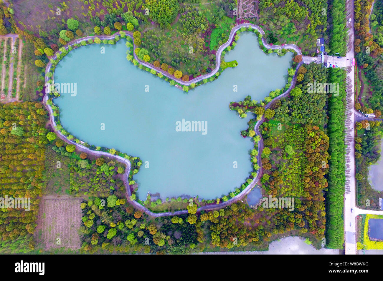 Aerial view of an artificial lake resembling China's map in Baiyang ...