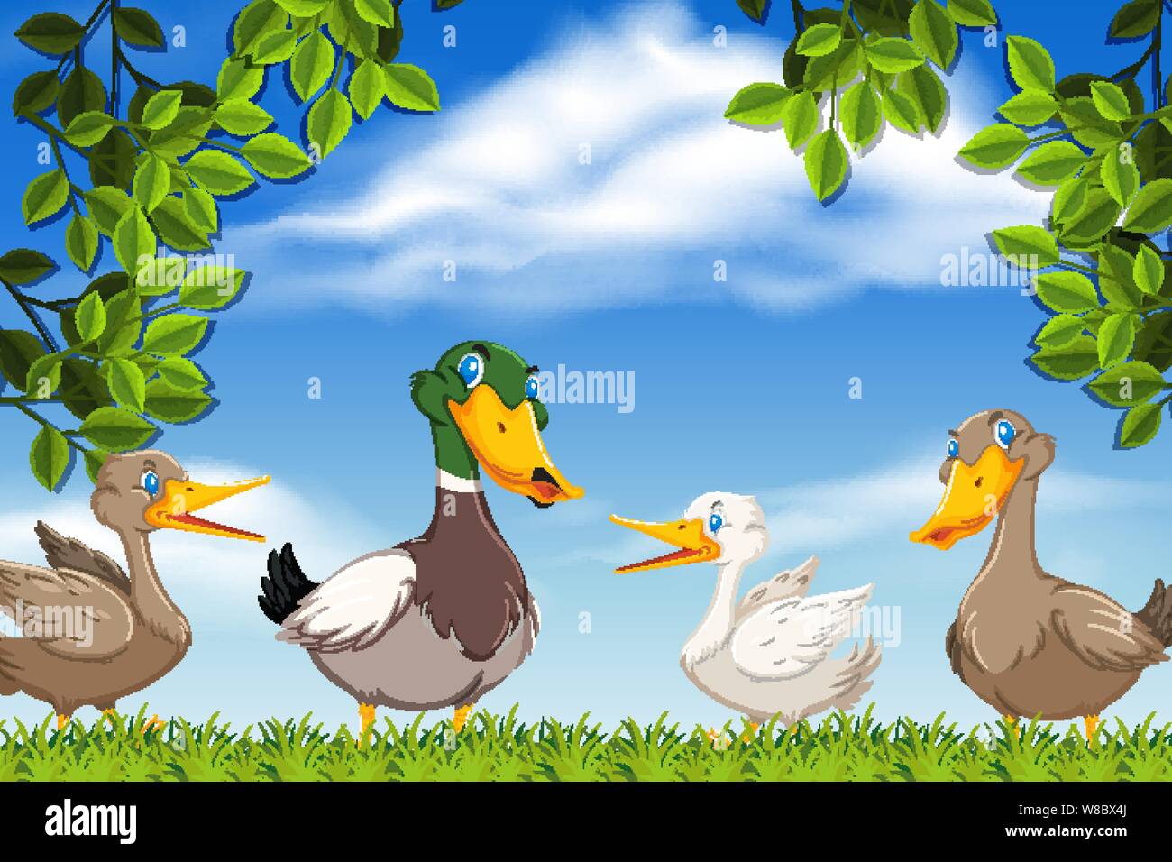 Ducks in nature scene illustration Stock Vector Image & Art - Alamy