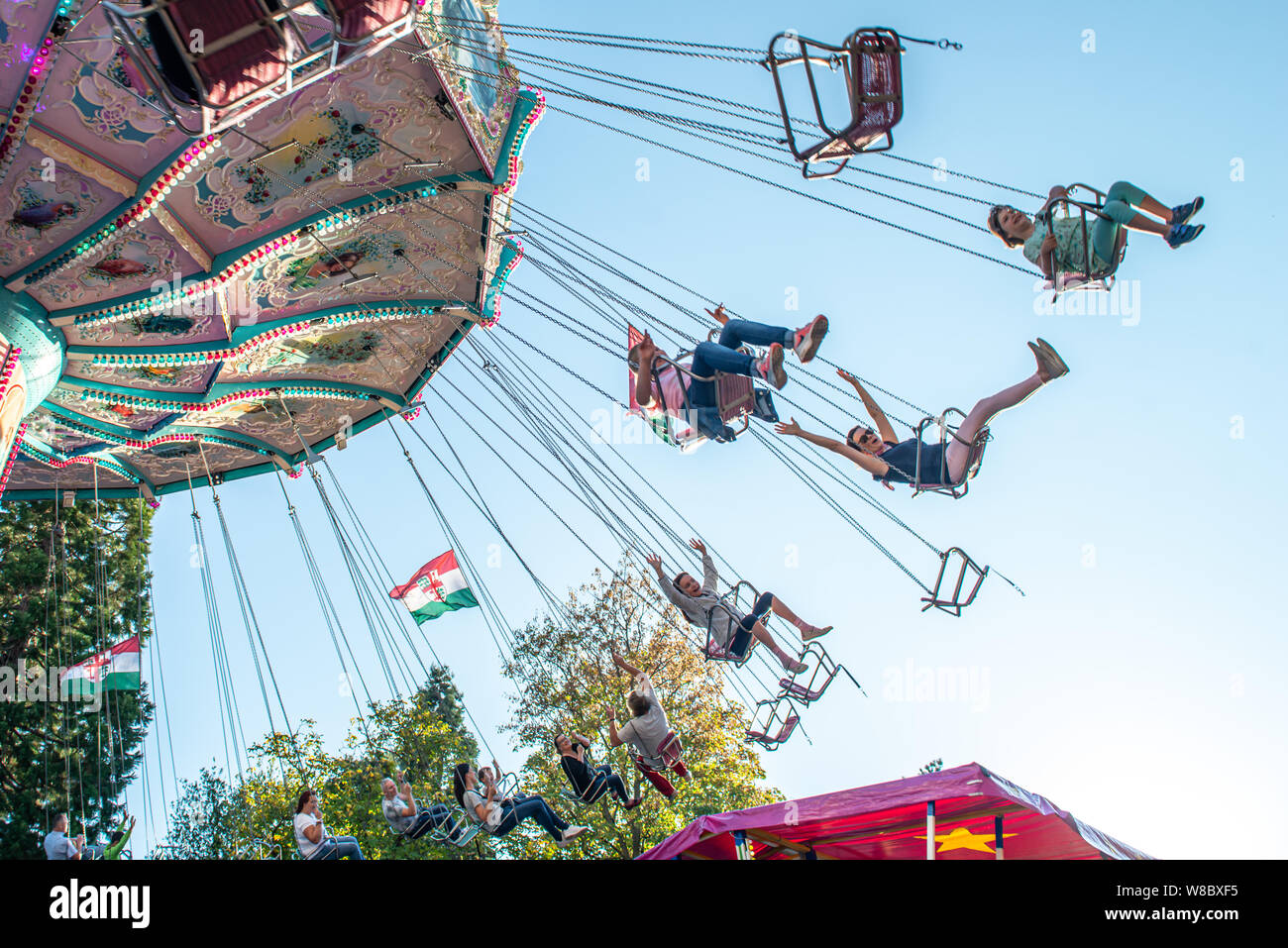 Mayen Germany 14.10.2018 fairground huge chain carousel ride at folk ...