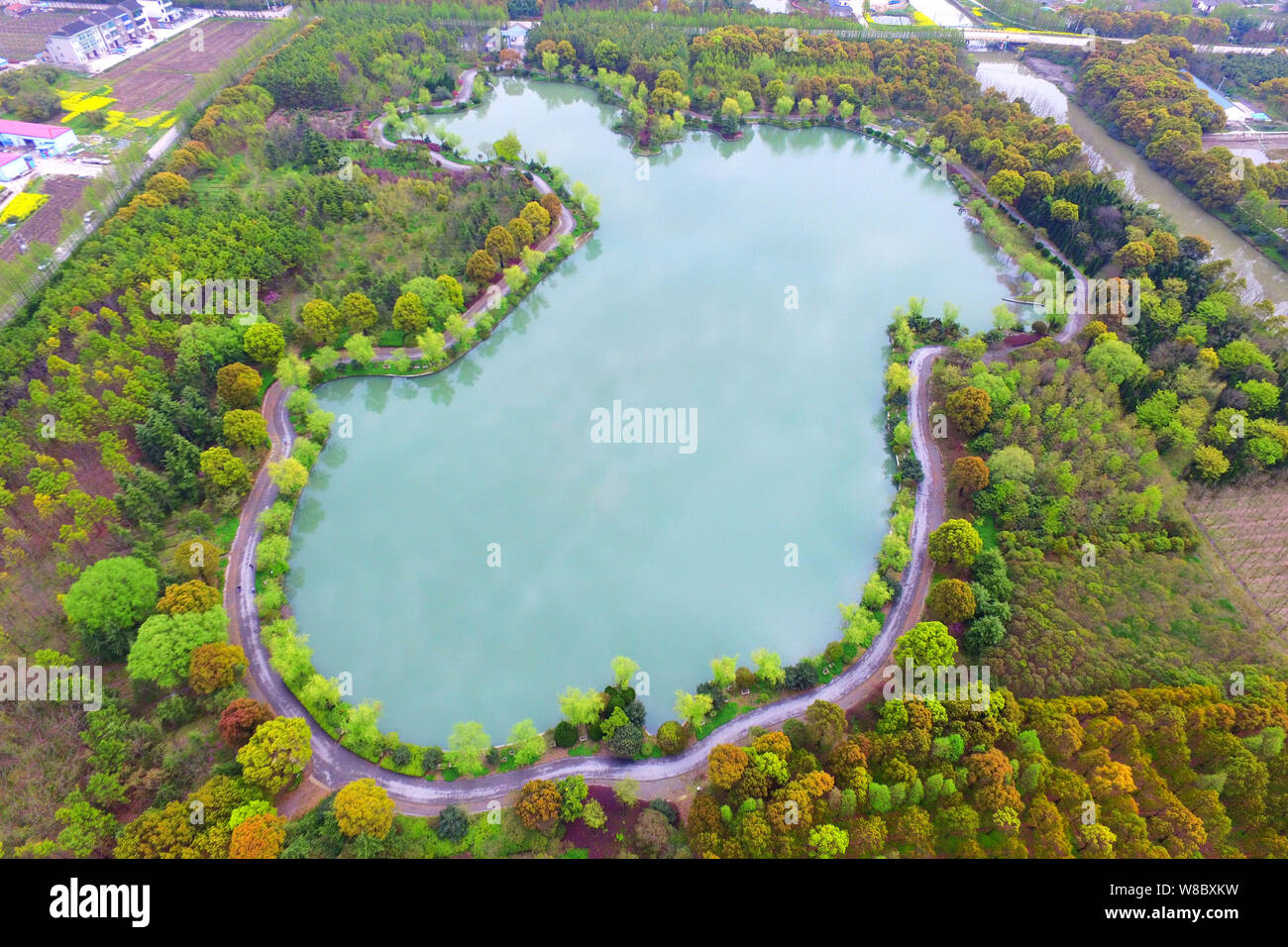 Aerial view of an artificial lake resembling China's map in Baiyang ...