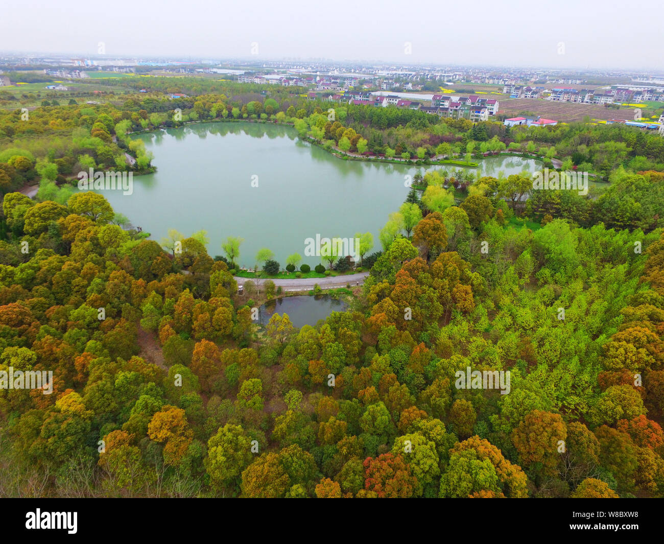 Aerial view of an artificial lake resembling China's map in Baiyang ...