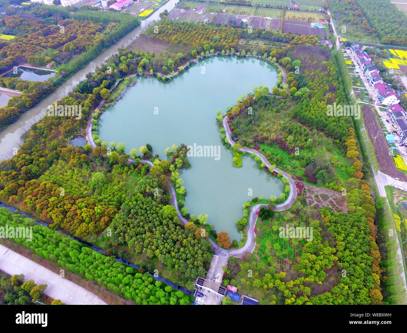 Aerial view of an artificial lake resembling China's map in Baiyang ...