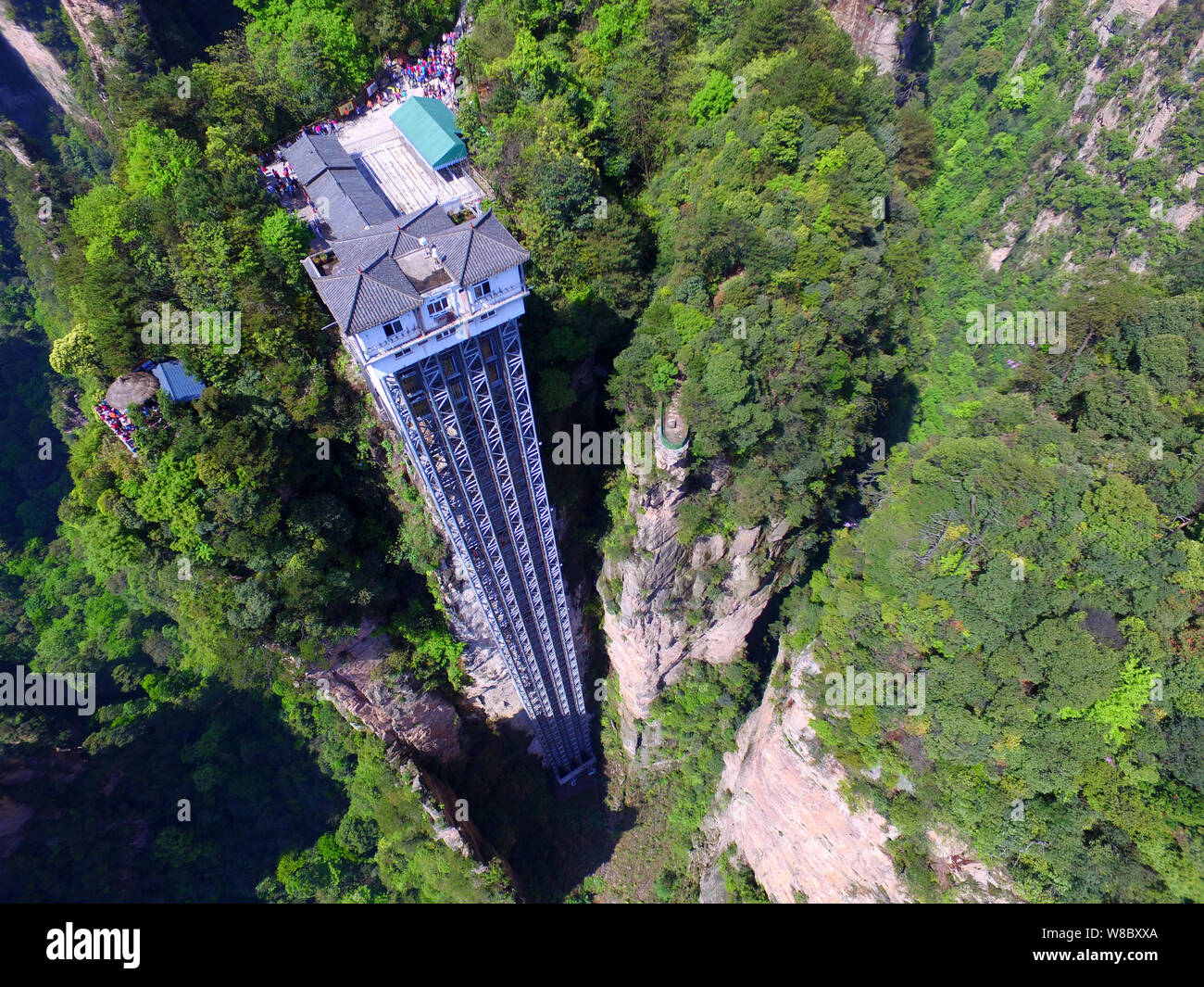 Aerial view of the Bailong Elevator, also known as the Hundred Dragons ...