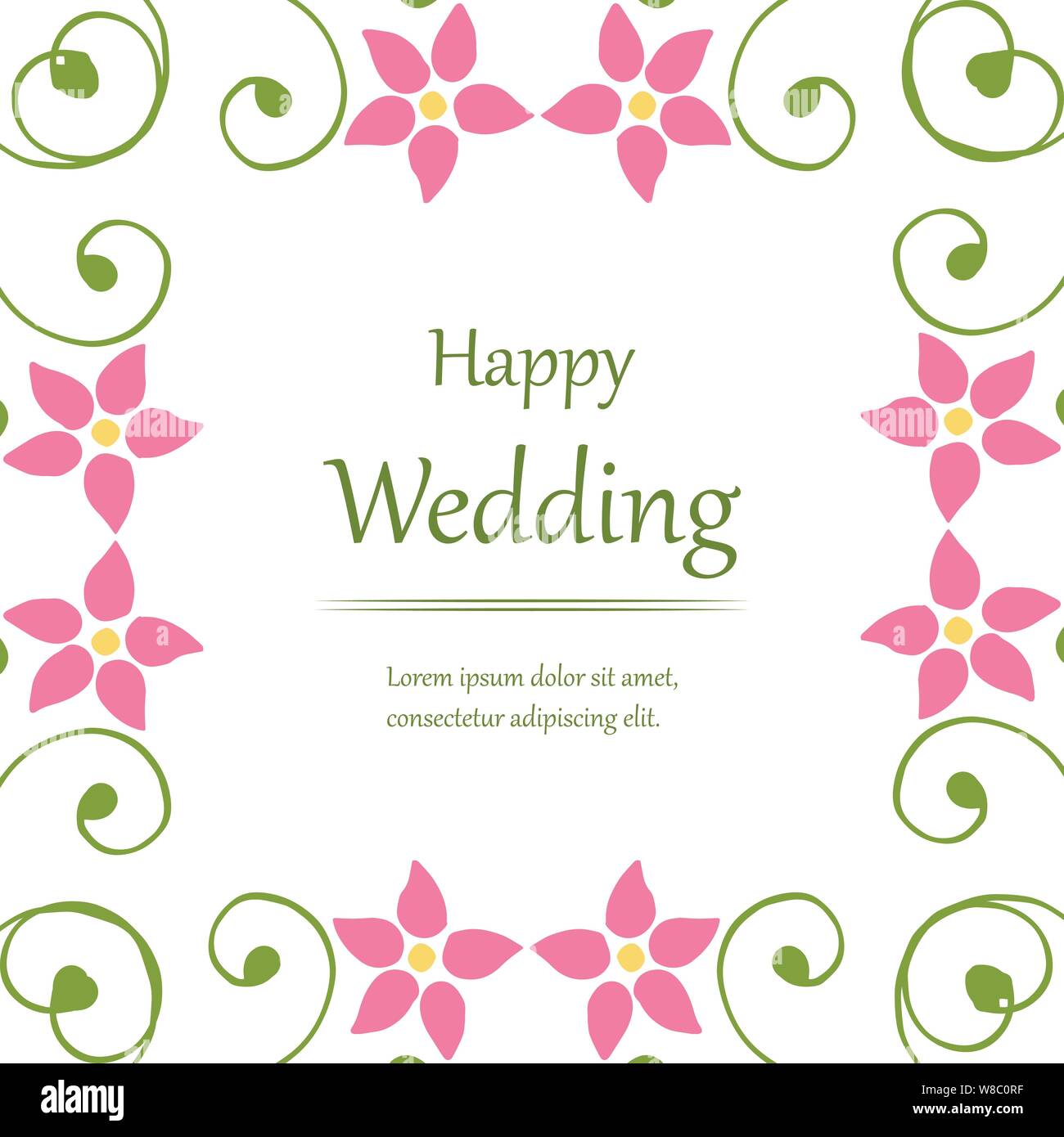Lettering of happy wedding, with texture of pink flower frame, for card. Vector illustration ...