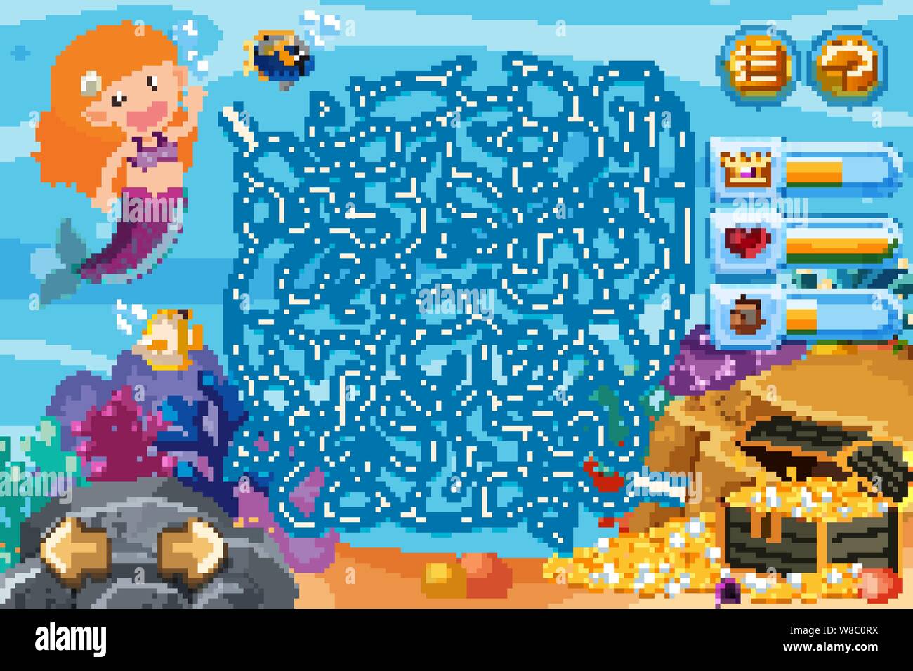 Puzzle game with mermaid and gold coins underwater illustration Stock ...