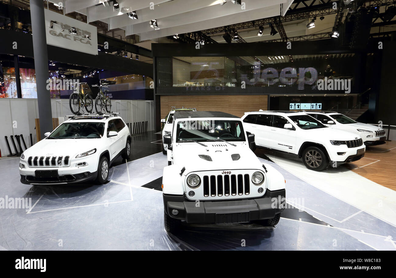 Jeep SUVs are on display at the stand of GAC FCA in preparation for the ...