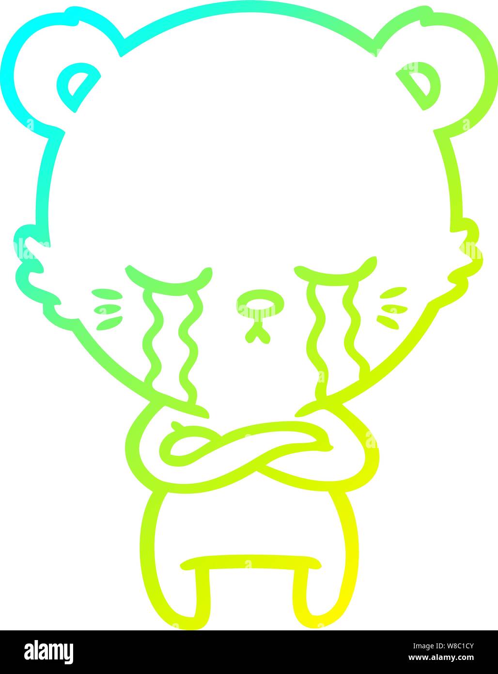 cold gradient line drawing of a crying cartoon bear with folded arms ...