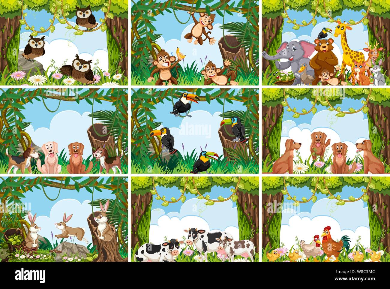 Set of various animals in nature scenes illustration Stock Vector Image ...