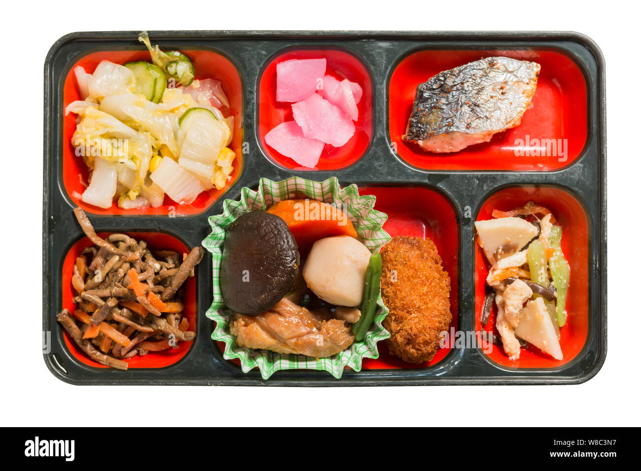 Japan Food set of steamed Chicken and other in a box isolated on white ...