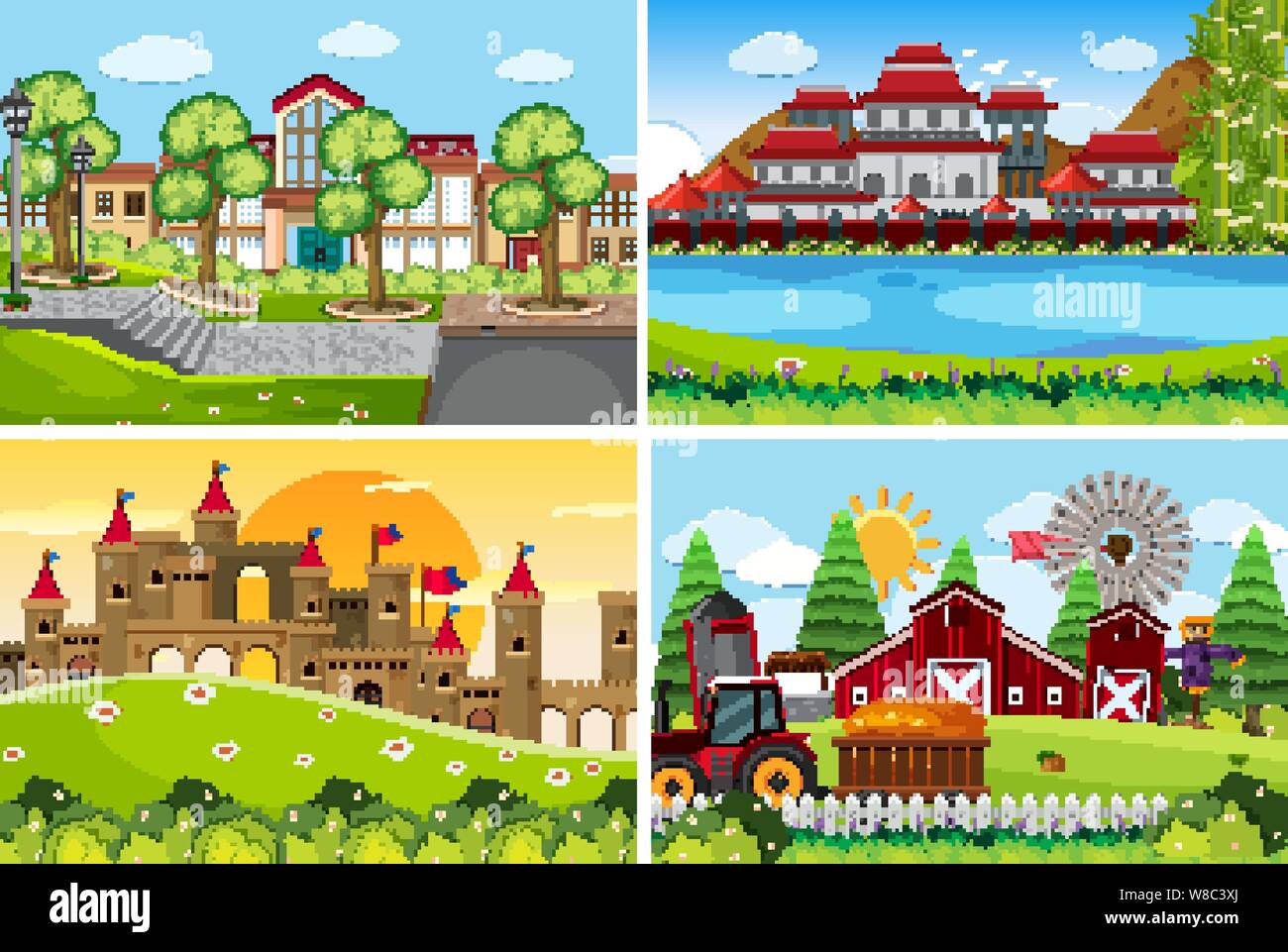 A set of outdoor scene including building illustration Stock Vector ...
