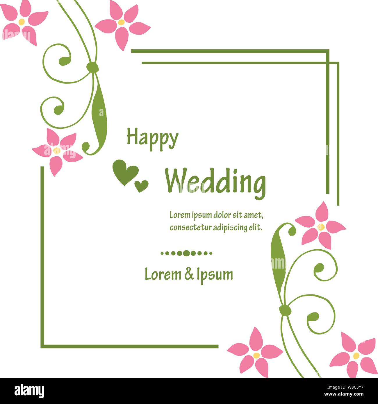 Lettering of happy wedding, with texture of pink flower frame, for card ...
