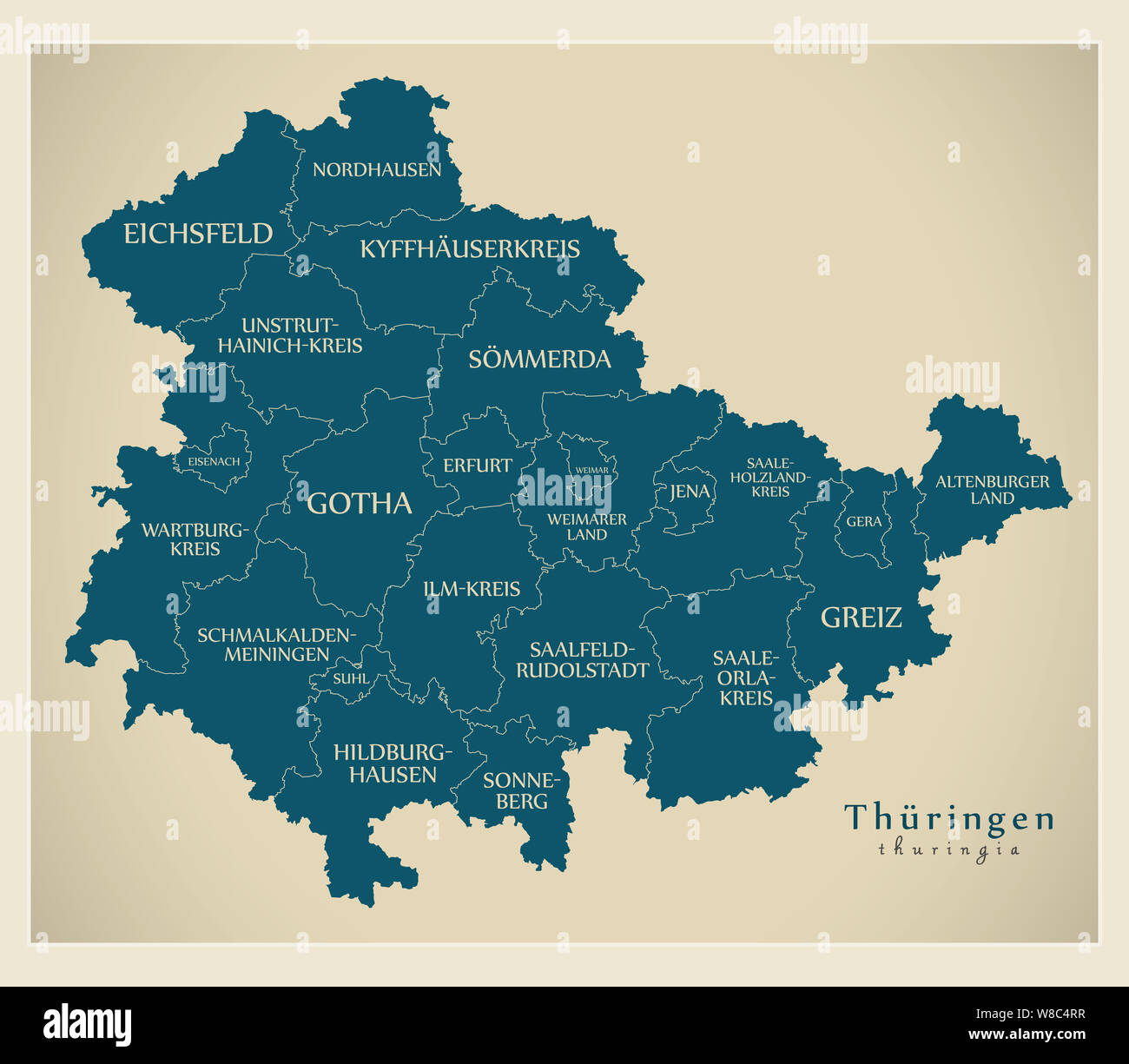 Modern Map - Thuringia map of Germany with counties and labels Stock ...