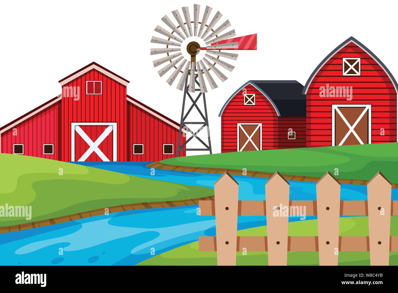 Scenery background of river and barns on the farmland illustration ...