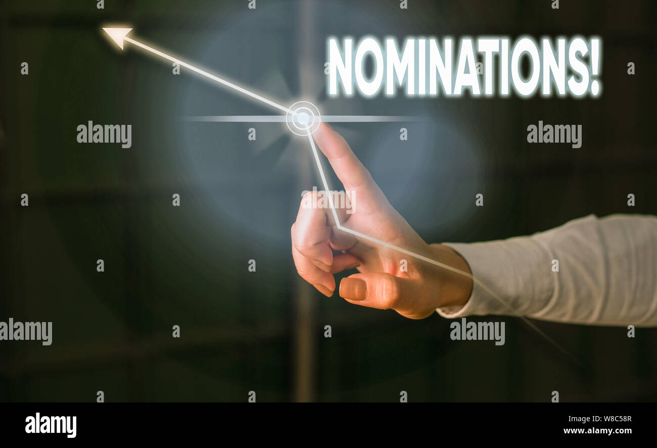 Conceptual hand writing showing Nominations. Concept meaning the act of ...