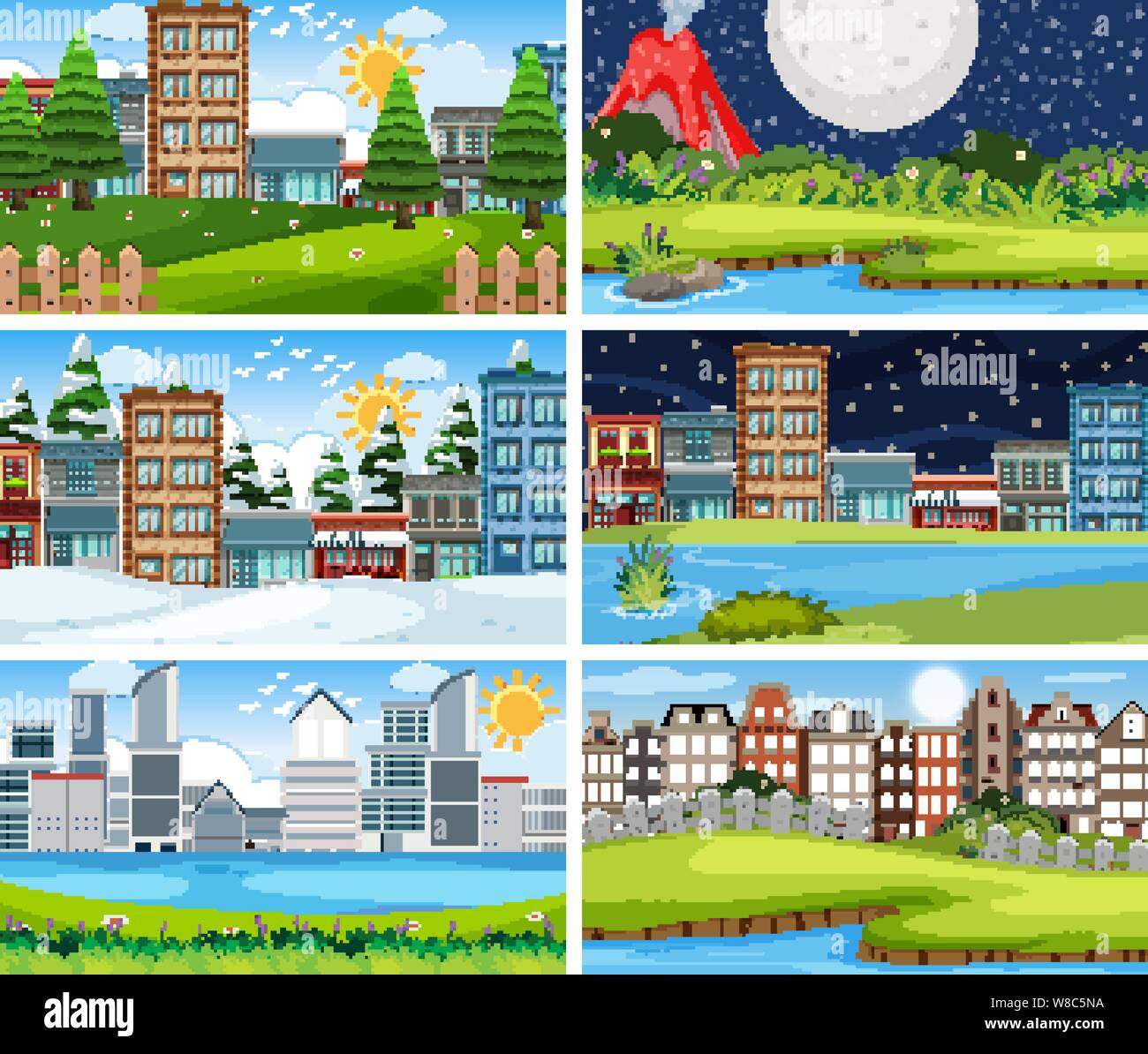 A set of outdoor scene including building illustration Stock Vector ...