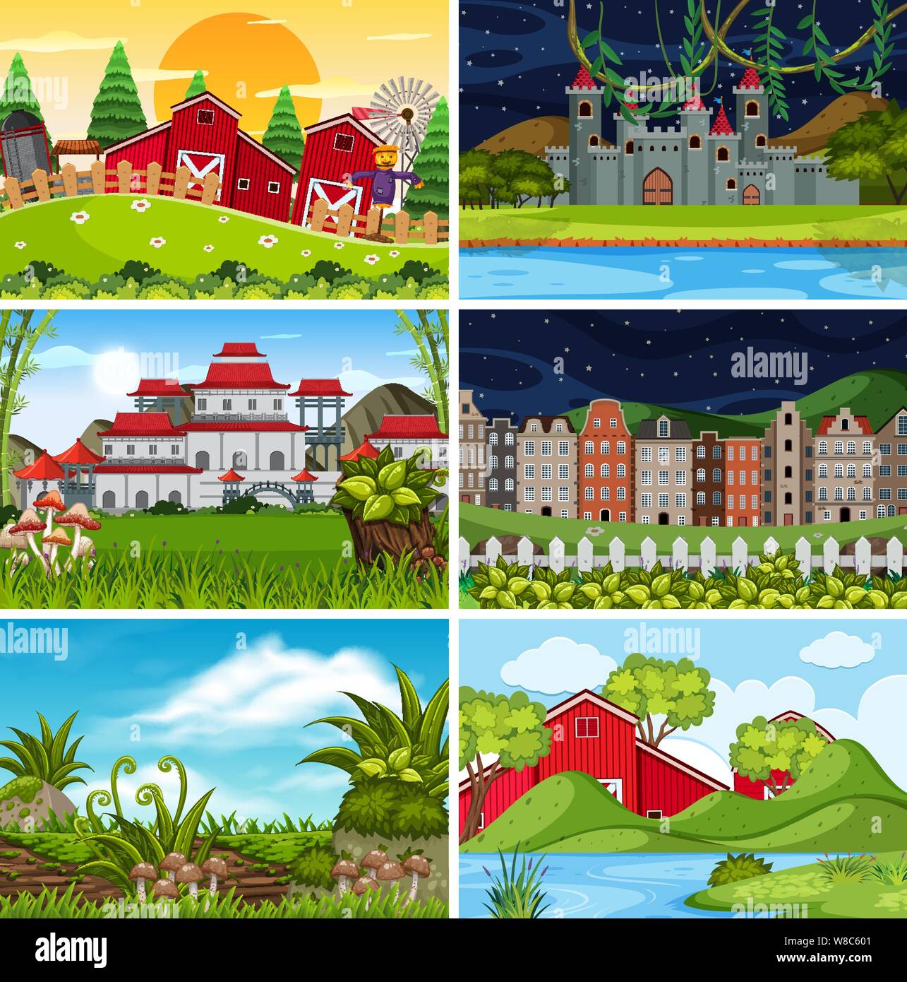 A set of outdoor scene including building illustration Stock Vector ...