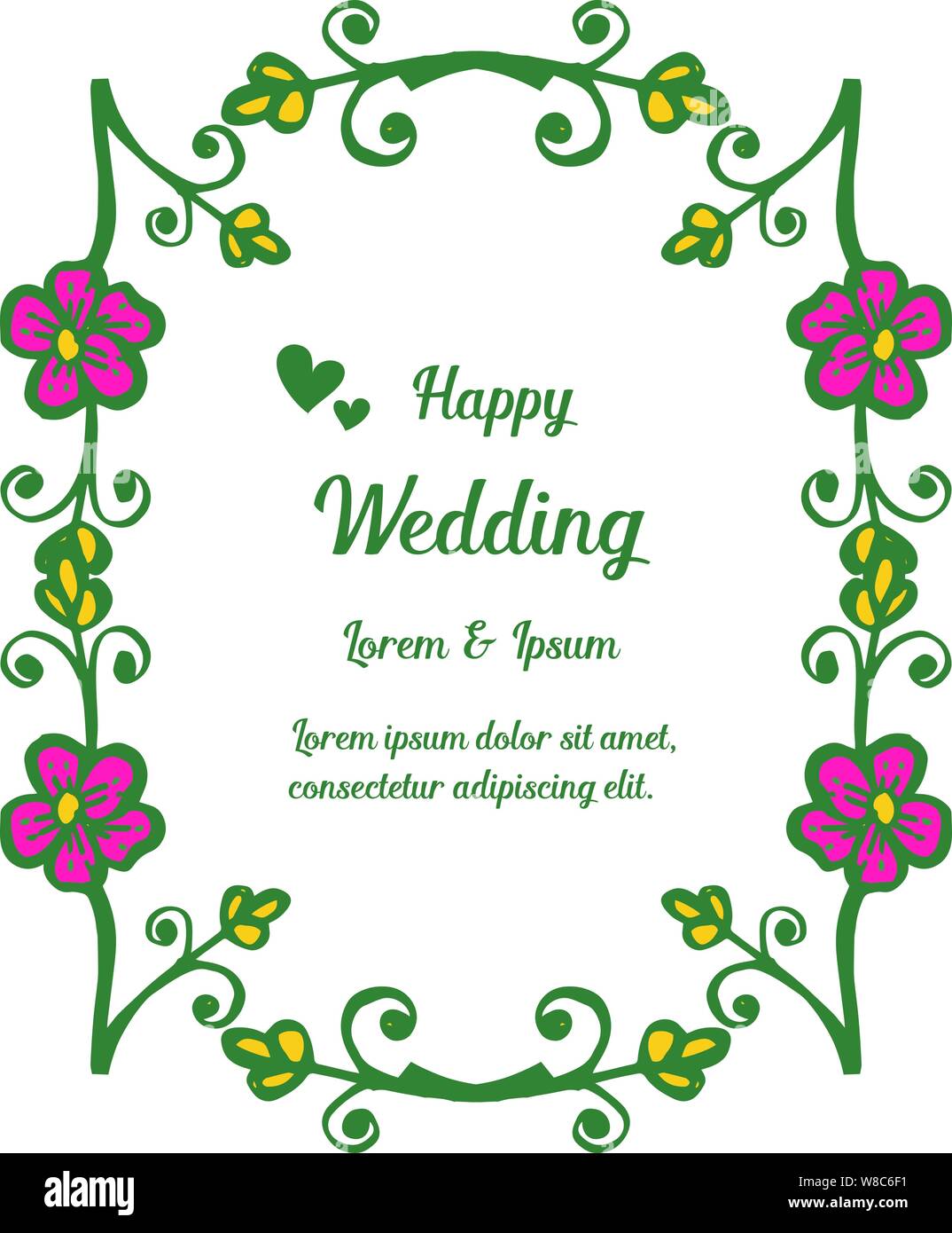 Text happy wedding, with decoration flower frame, for greeting card ...