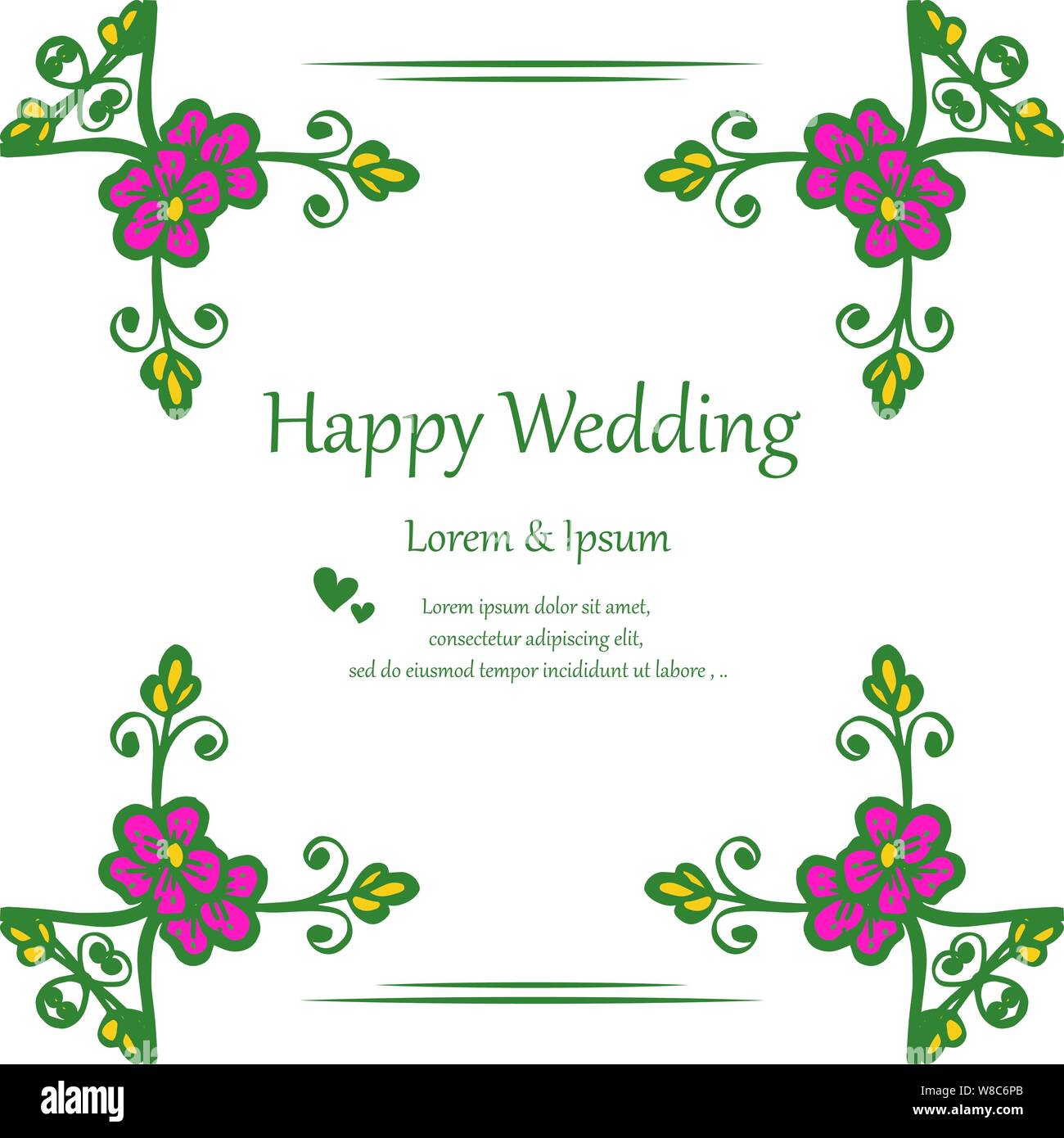 Text happy wedding, with decoration flower frame, for greeting card ...