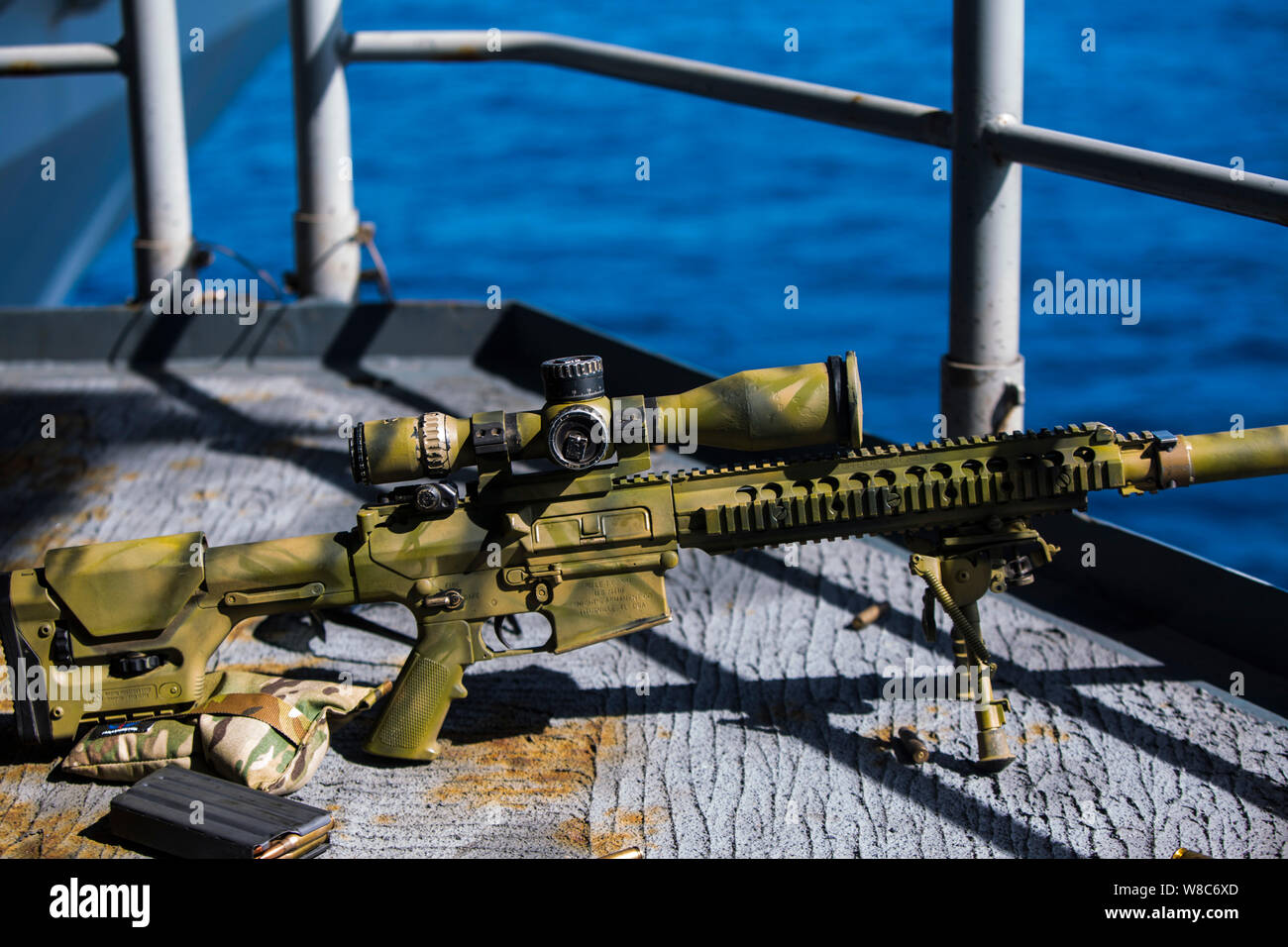 An M110 semi-automatic sniper system stands by during a defense of the ...