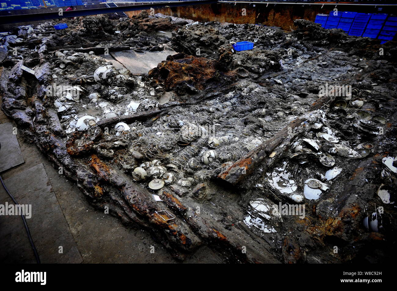 Relics excavated from the wrecked ship "Nanhai No. 1" are seen at a ...