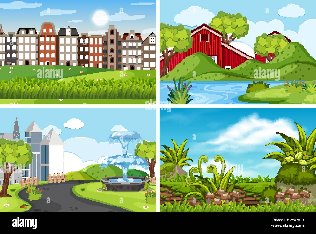 A set of outdoor scene including building illustration Stock Vector ...