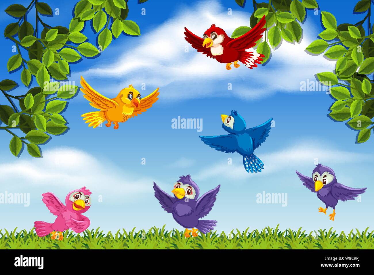 Colorful birds in nature scene illustration Stock Vector Image & Art ...