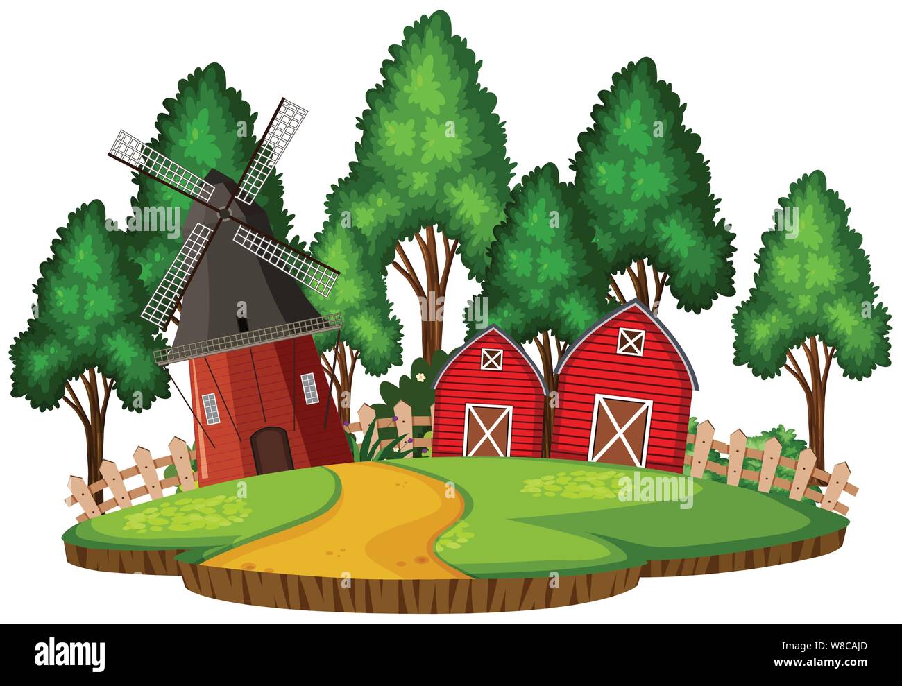 Nature landscape of farmyard with windmill and barns illustration Stock ...