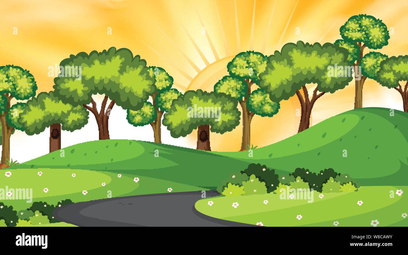 Background design of landscape with park at sunset illustration Stock ...