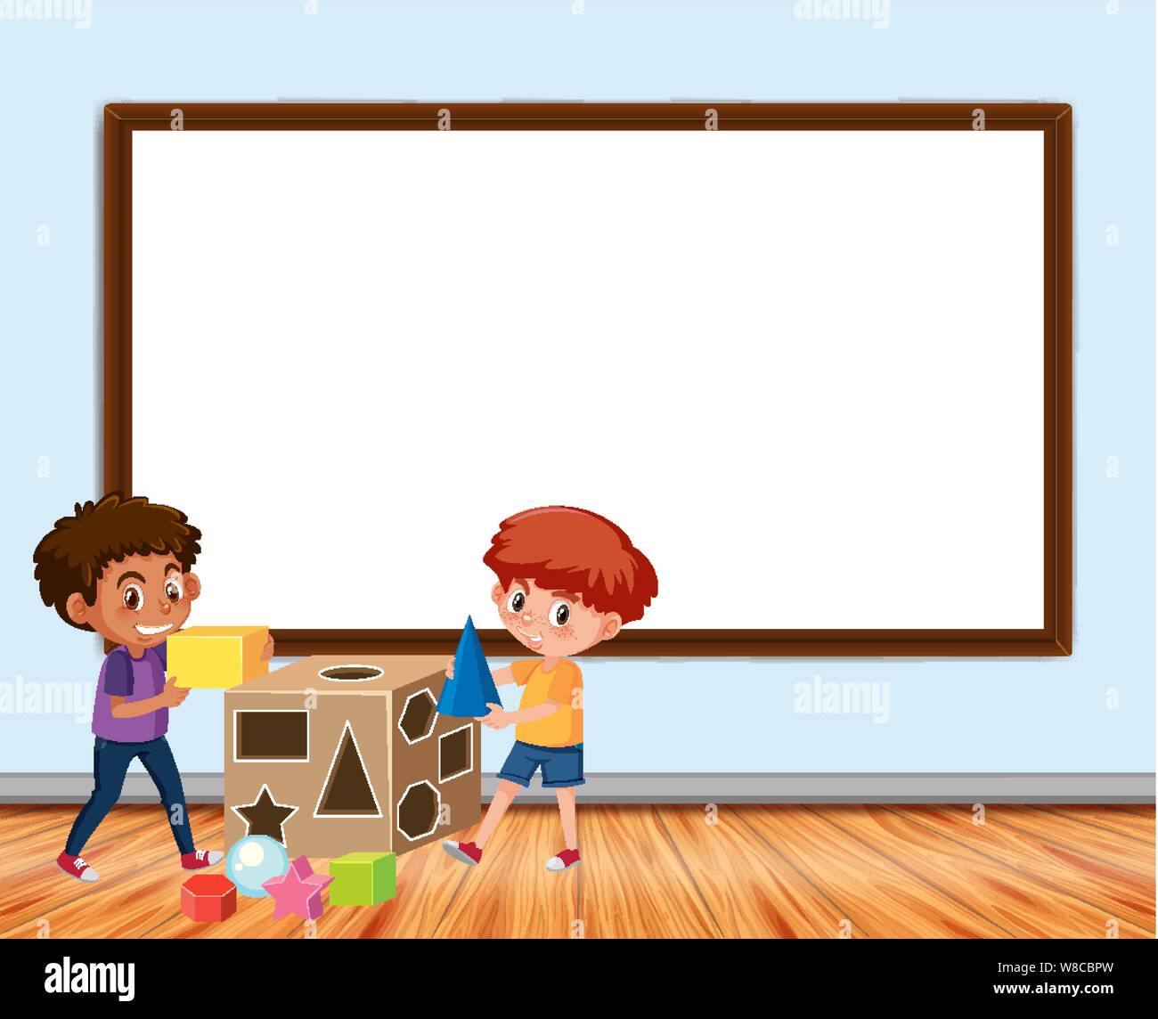 Frame design with board and two boys playing illustration Stock Vector ...