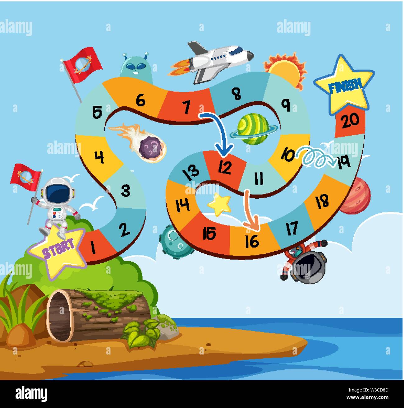 Boardgame design template with spaceship and planets illustration Stock ...