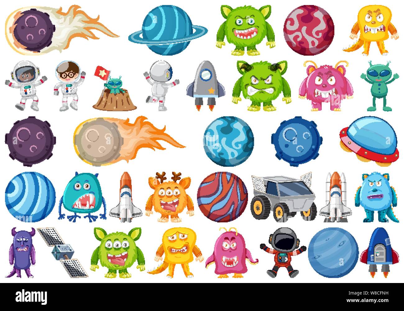 Set of isolated objects theme - aliens and planets illustration Stock ...