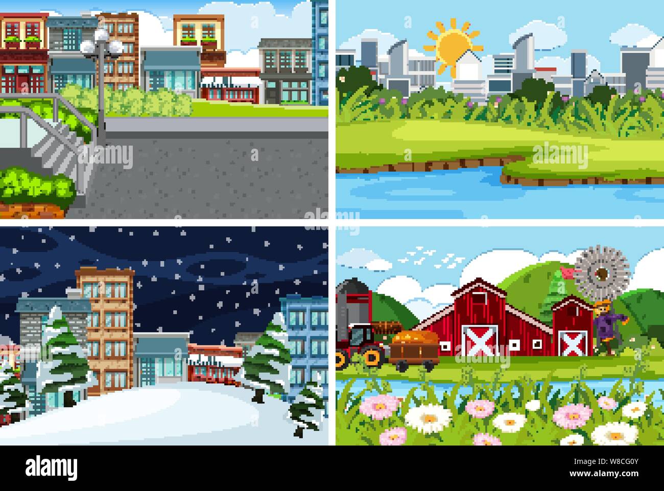 A set of outdoor scene including building illustration Stock Vector ...