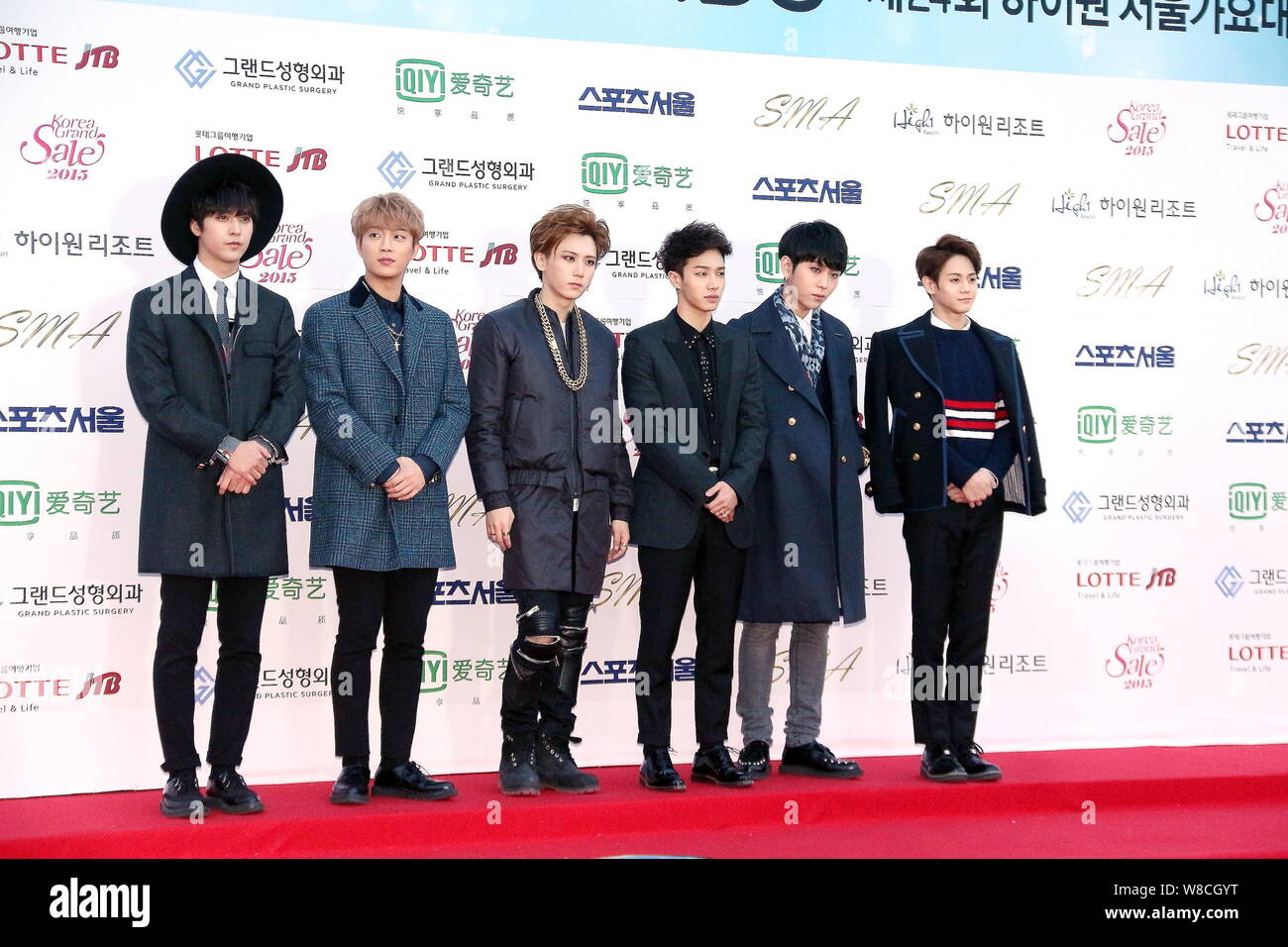 Members of South Korean boy group Beast pose on the red carpet as they ...