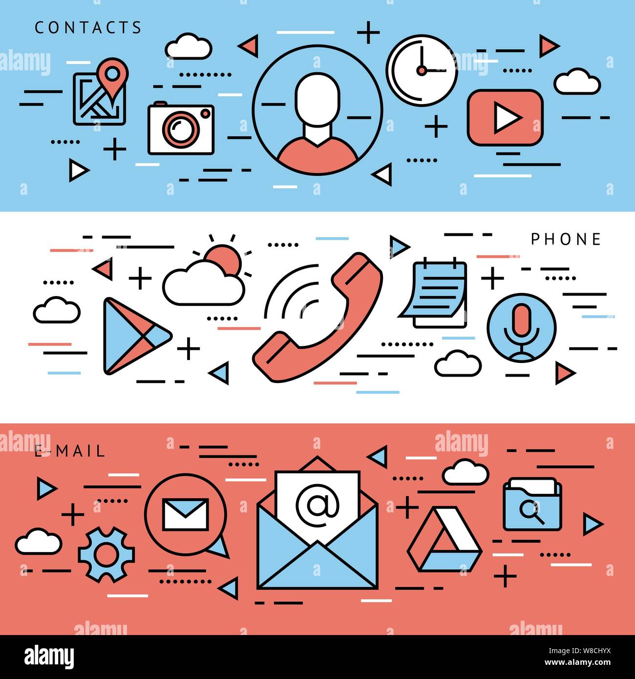 mobile phone icons flat line digital vector banner illustration Stock ...