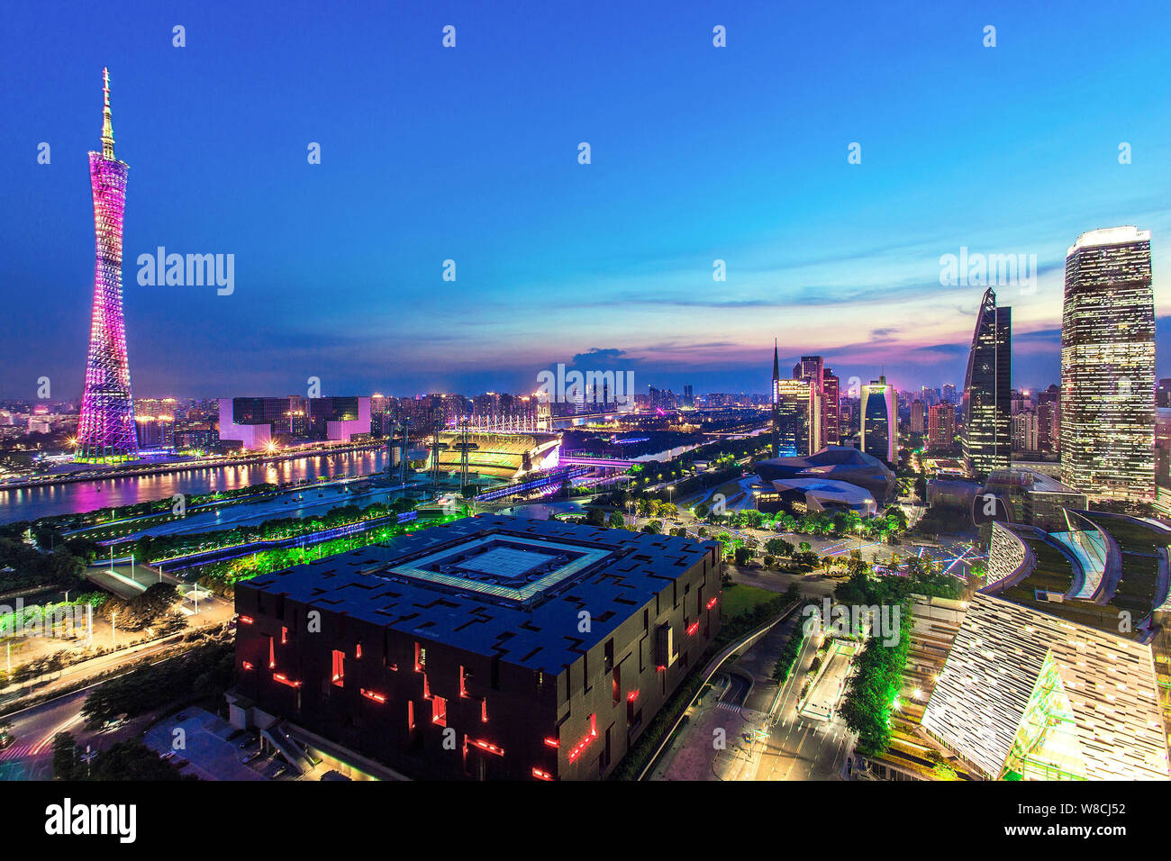 --FILE--Night view of the Canton Tower, tallest, Guangdong Museum ...