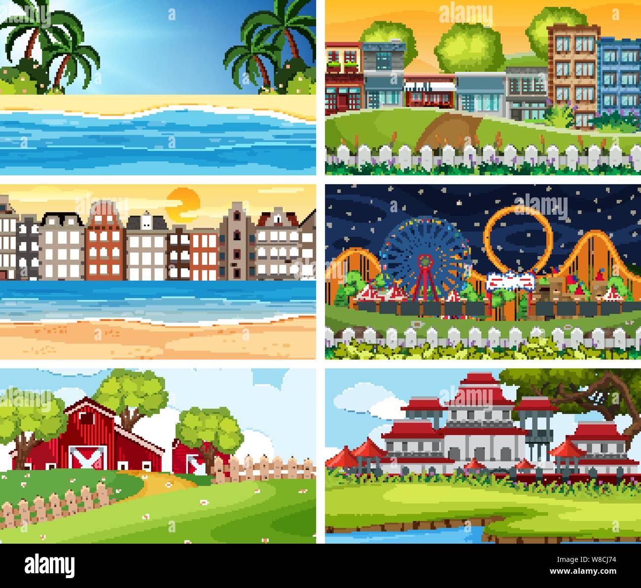 A set of outdoor scene including building illustration Stock Vector ...