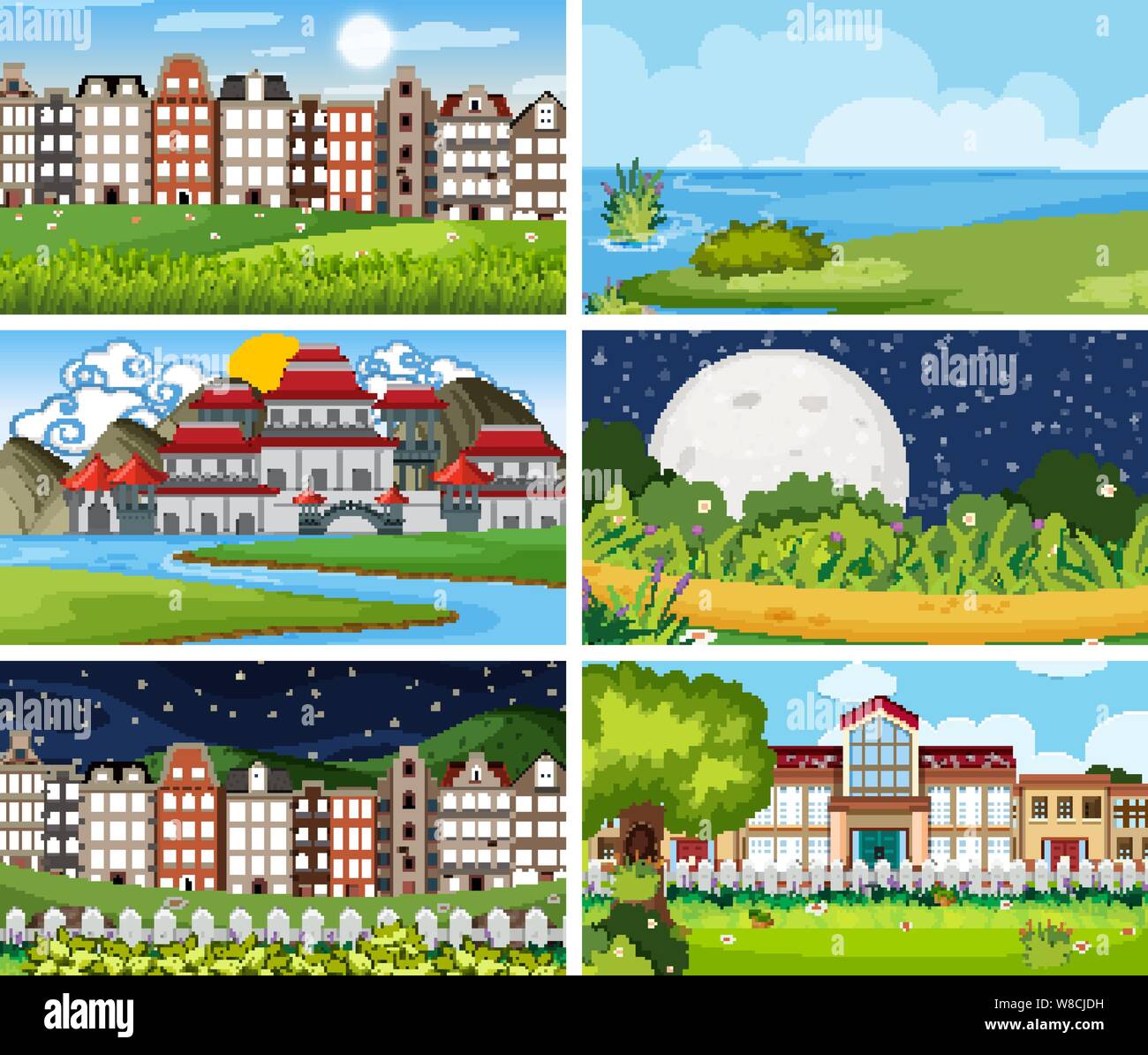 A set of outdoor scene including building illustration Stock Vector ...