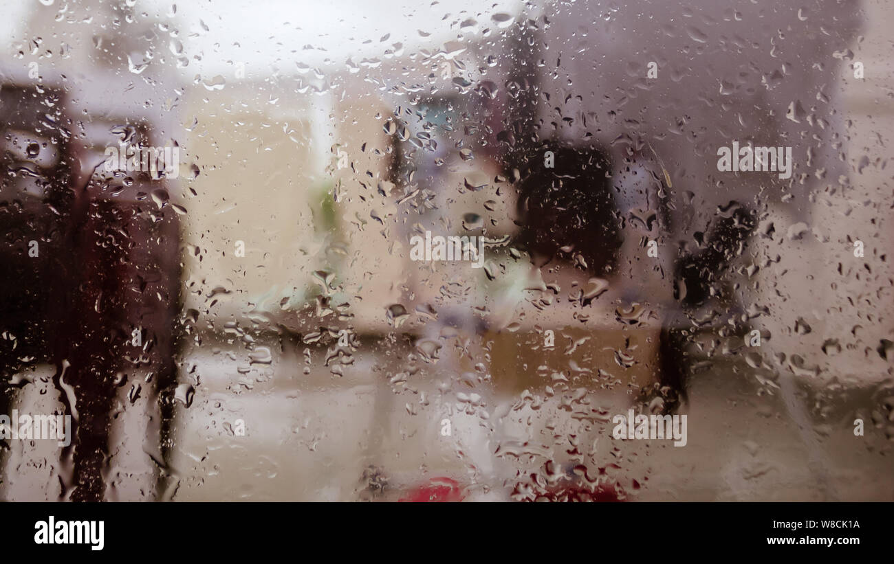Rain Drops On Surface of wet Window Glass pane In Rainy Season ...