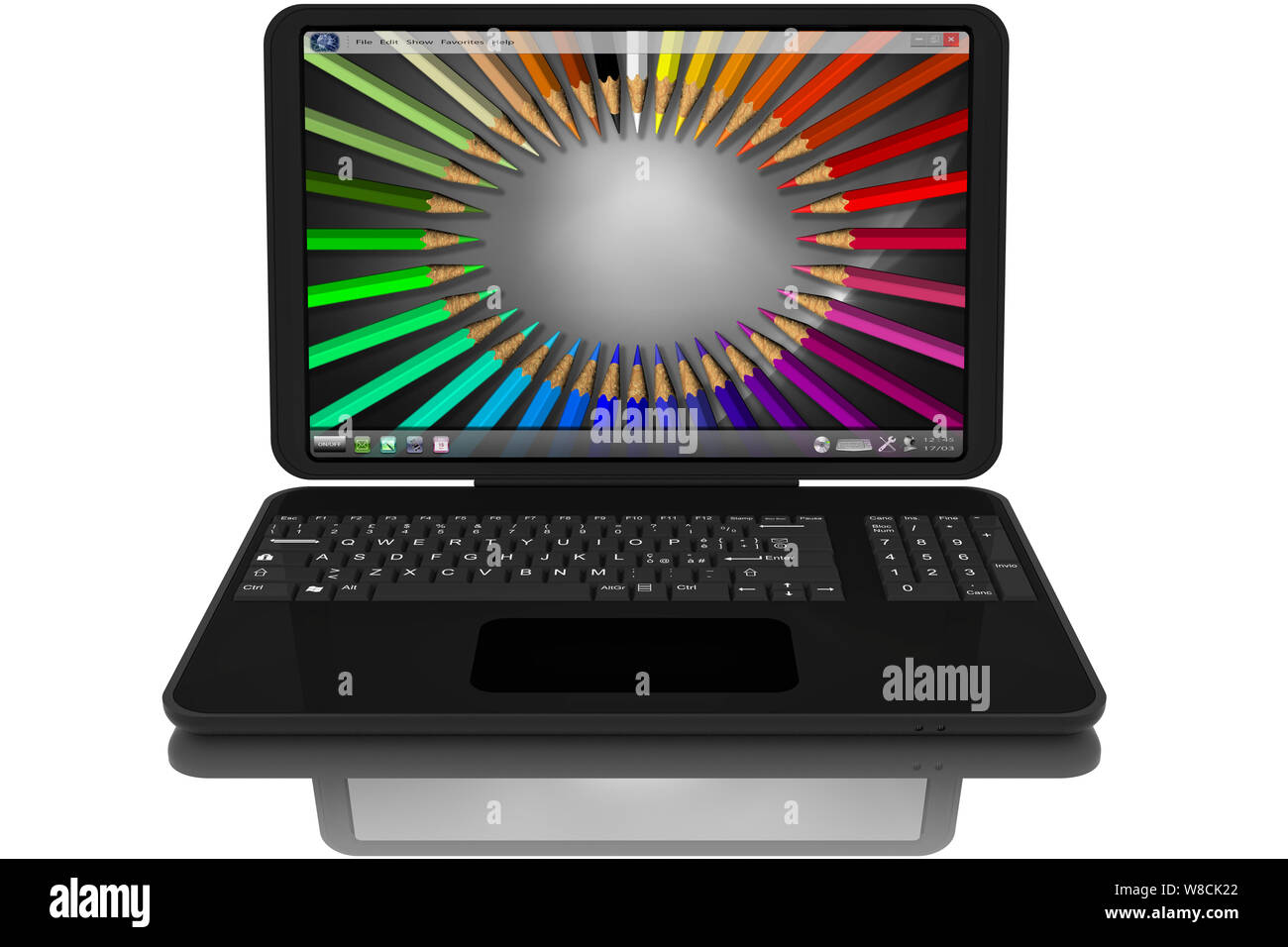 3D illustration. Opened black laptop. On the screen colored pencils ...