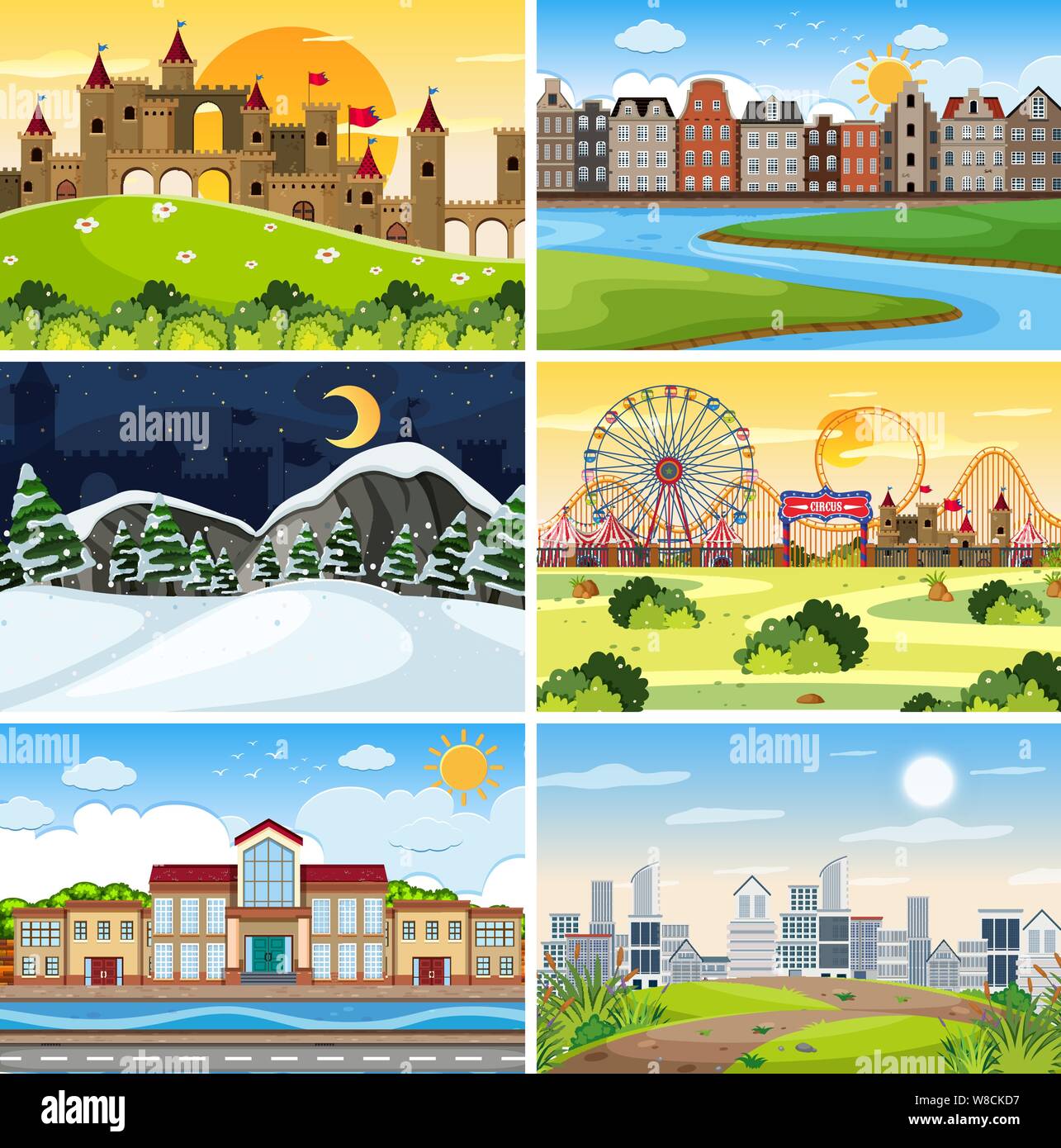 A set of outdoor scene including building illustration Stock Vector ...