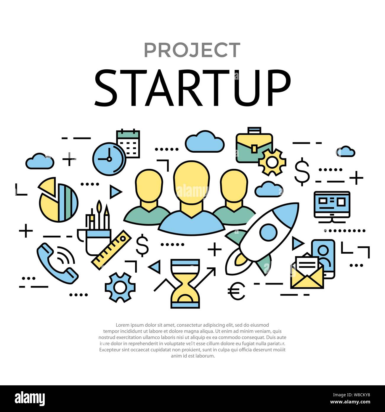 project startup planning communication teamwork cooperation flat line ...