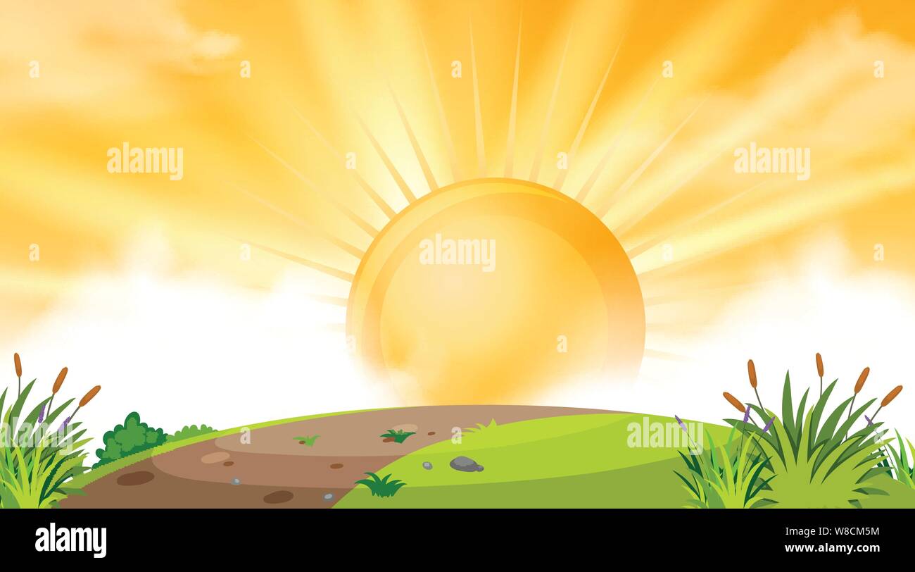 Background design of landscape with sunset over hill illustration Stock ...