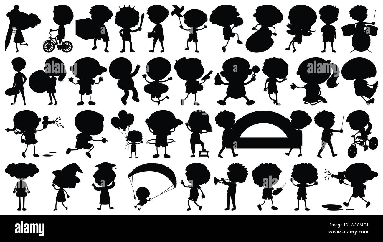 Set of sihouette isolated objects theme - kids doing activities ...