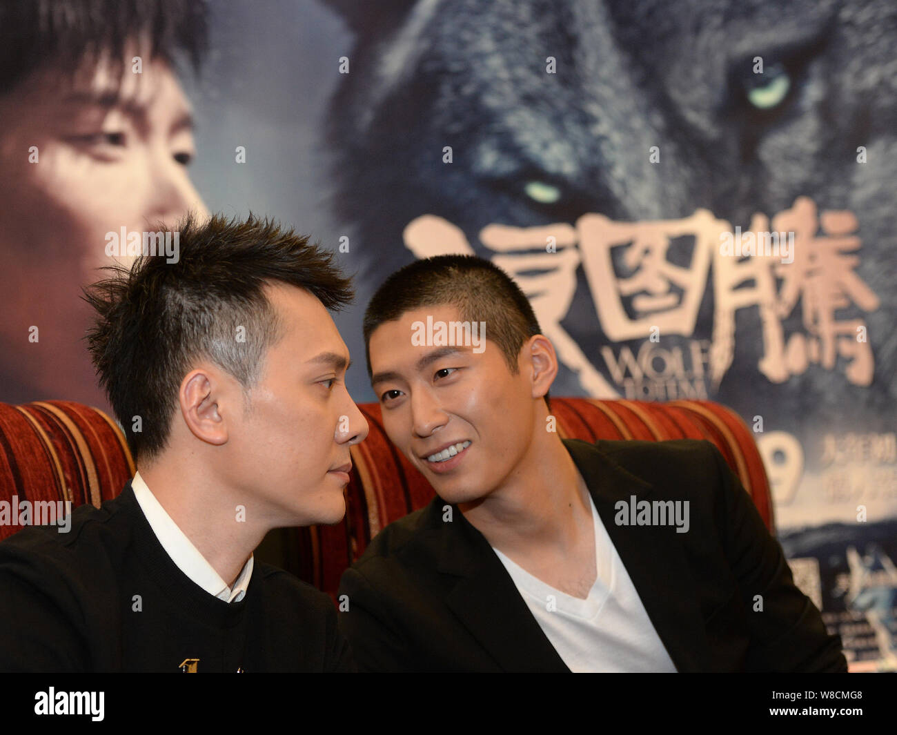 Chinese actors Feng Shaofeng, left, and Dou Xiao attend a press ...