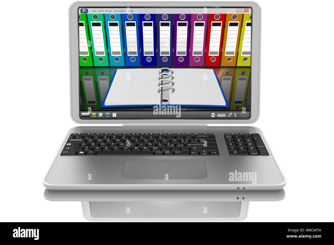 3D illustration. Opened gray laptop. On the screen folders and binders ...